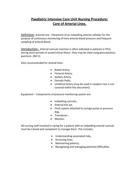 Care of arterial lines - Cardiff PICU