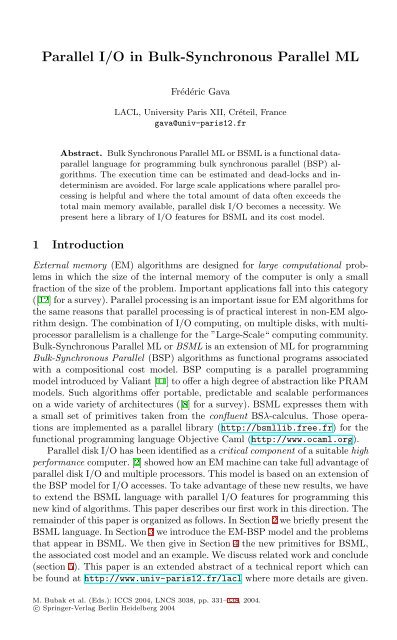LNCS 3038 - Parallel I/O in Bulk-Synchronous Parallel ML - Lacl