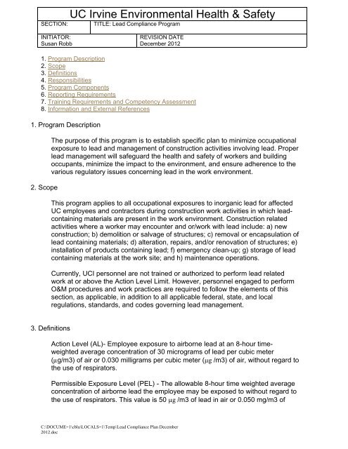 Lead Compliance Program - UCI Environmental Health & Safety ...
