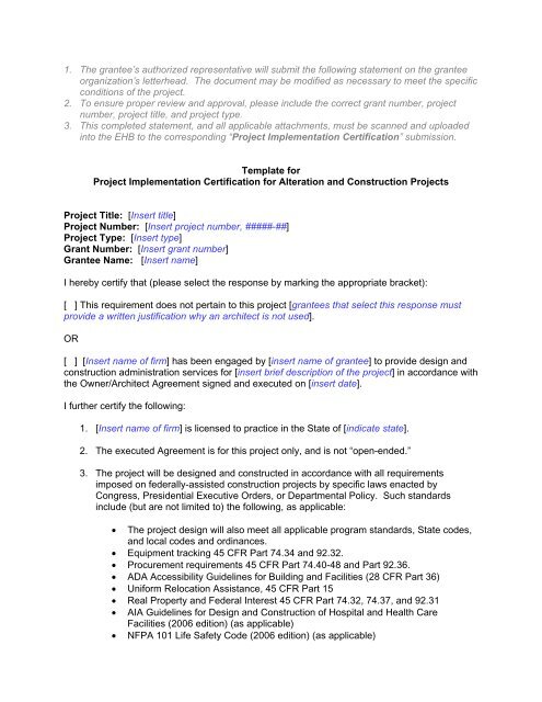 Project Implementation Certification Letter - HRSA