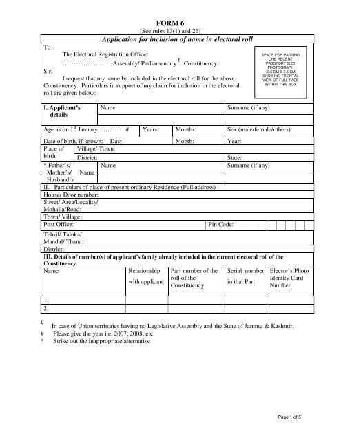 FORM 6 Application for inclusion of name in electoral roll