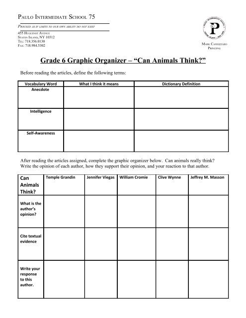Grade 6 Graphic Organizer â â Can Animals Think?â - IS75 (31R075 ...