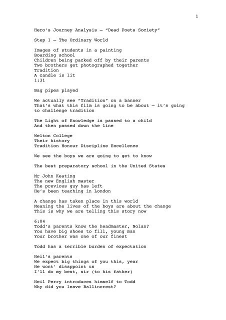1 Hero's Journey Analysis â â Dead Poets Society ... - Cracking Yarns