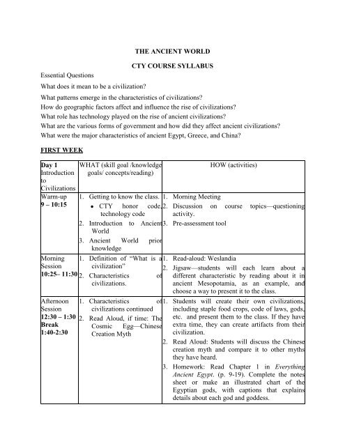THE ANCIENT WORLD CTY COURSE SYLLABUS Essential ...