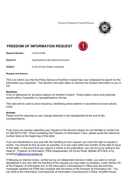 A List of Police Station Addresses - Police Service of Northern Ireland