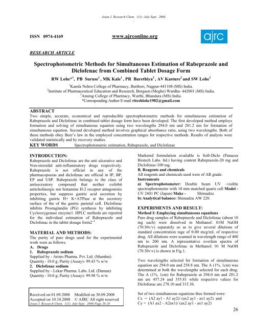 Spectrophotometric Methods For Simultaneous Estimation Of