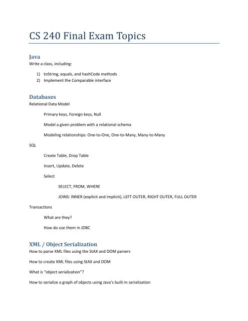 CS 240 Final Exam Topics