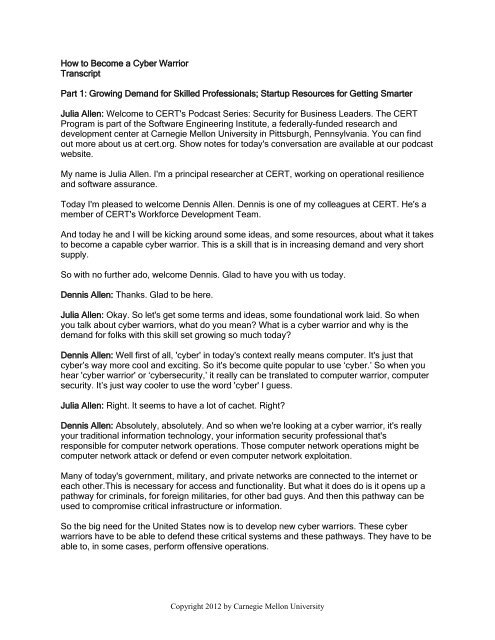 How to Become a Cyber Warrior Transcript Part 1: Growing ... - Cert