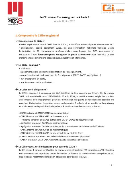 fiche de présentation du C2i2e à Paris 8 - Université Paris 8