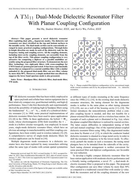 A Dual-Mode Dielectric Resonator Filter With Planar ... - IEEE Xplore