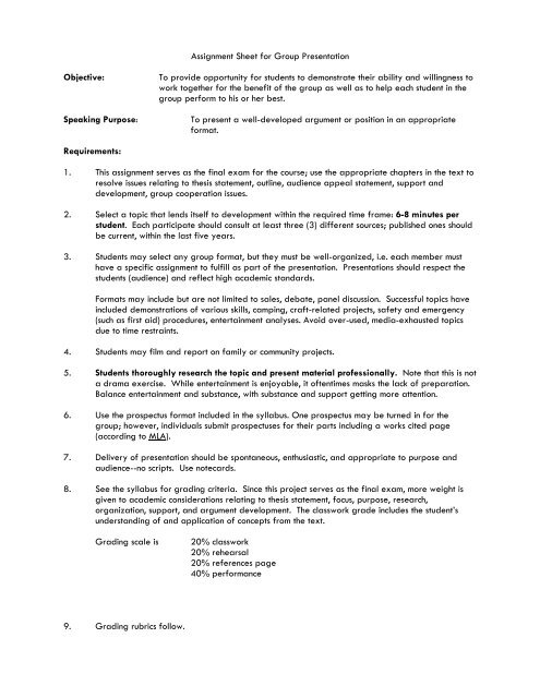 Assignment Sheet for Group Presentation Objective: To provide ...