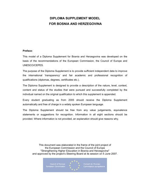 diploma supplement model for bosnia and herzegovina - Council of ...