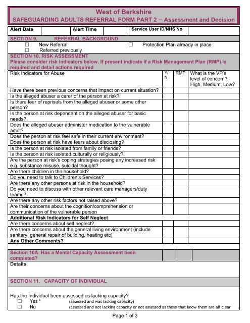 WoB Safeguarding Adults Referral Form Part 2 - Assessment and ... WoB Safeguarding Adults Referral Form Part 2 - Assessment and ...