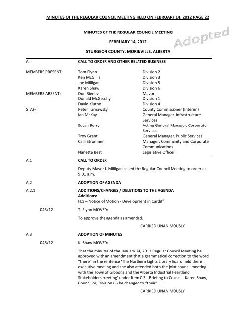 MINUTES OF THE REGULAR COUNCIL ... - Sturgeon County