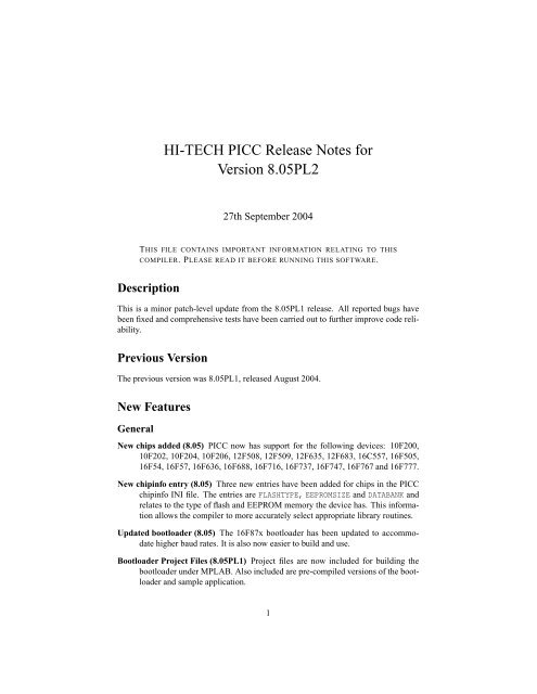 HI-TECH PICC Release Notes for Version 8.05PL2