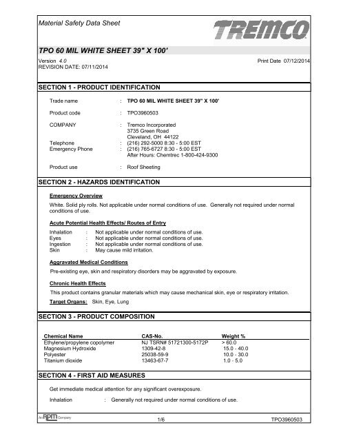 TPO Perimeter Sheet - US MSDS - Tremco Roofing