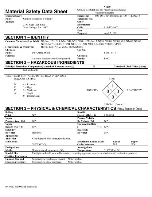 Material Safety Data Sheet 1 0 0 0 - Cannon Instrument Company