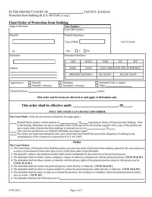 Final Order of Protection from Stalking - Kansas Judicial Council