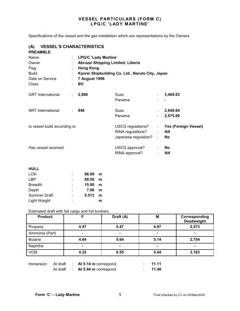 VESSEL PARTICULARS (FORM C) - Petredec
