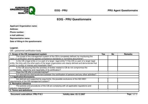 EOQ - PRU Questionnaire - European Organization for Quality