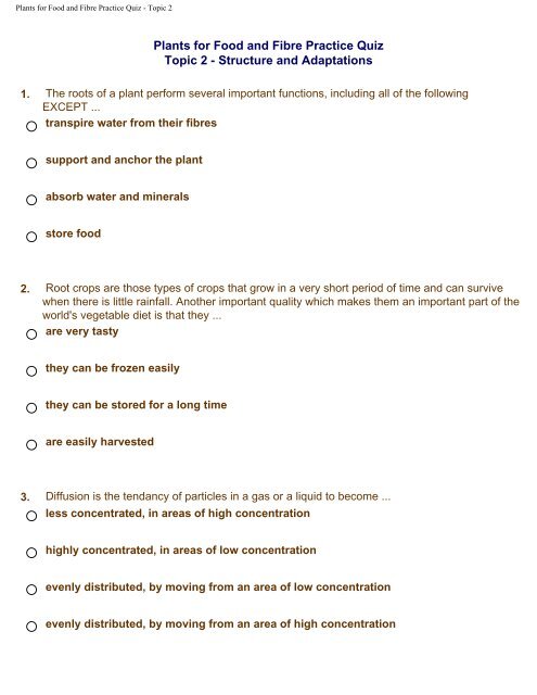 Plants for Food and Fibre Practice Quiz - Topic 2 - Ed Quest