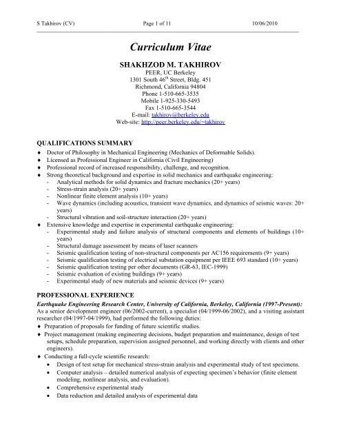 Curriculum Vitae - PEER - University of California, Berkeley