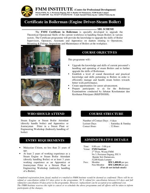 Certificate in Boilerman (Engine Driver-Steam Boiler)