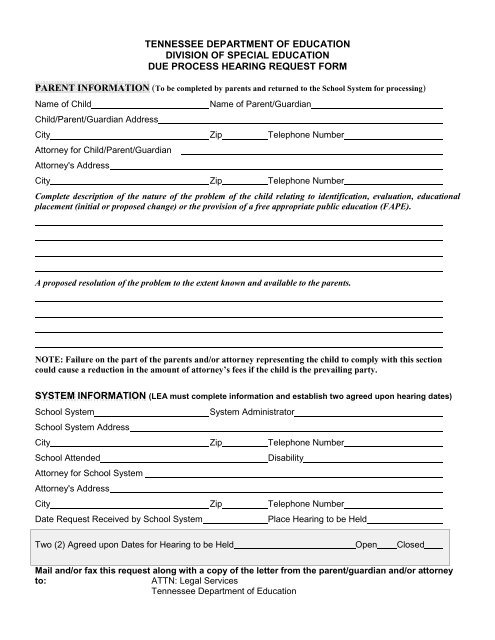 Due Process Hearing Request Form - Giles County Schools