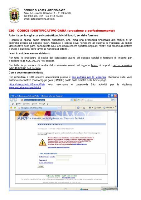 CIG - CODICE IDENTIFICATIVO GARA ... - Comune di Aosta