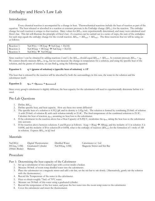 Enthalpy and Hess's Law Lab - Oxford Academy