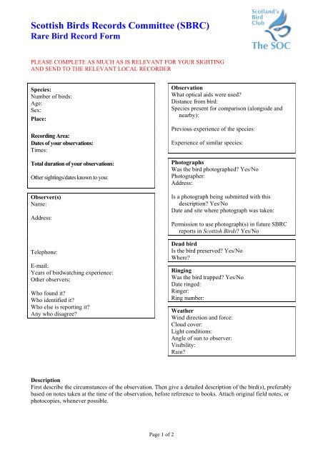 Rare Bird Record Form