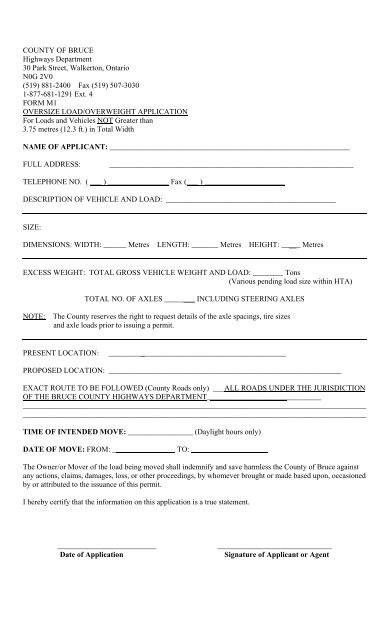 M1 Moving Permit Form - Bruce County