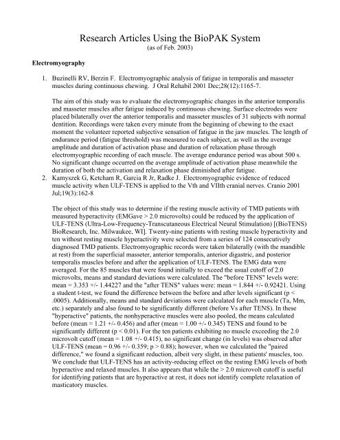 Additional BioPAK Research - bio - jva - emg - biotens - quadra tens