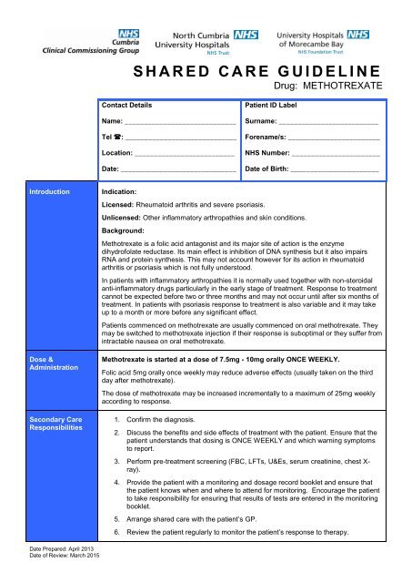 SHARED CARE GUIDELINE - NHS Cumbria