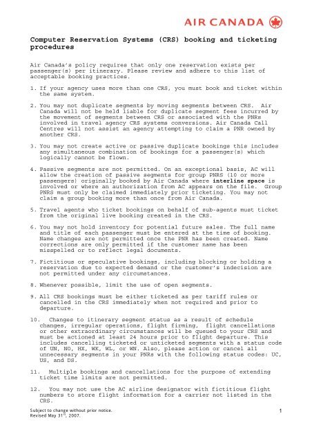 Computer Reservation Systems (CRS) booking and ... - Air Canada
