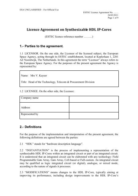 Licence Agreement - Microelectronics - ESA