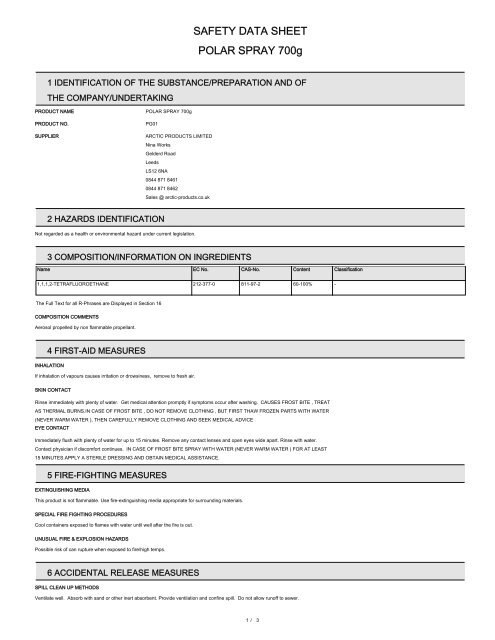 SAFETY DATA SHEET POLAR SPRAY 700g - Arctic Products