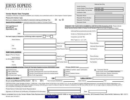 Vendor Master Data Template - Shared Services Home Page