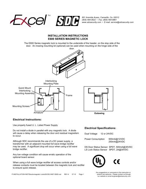 INSTALLATION INSTRUCTIONS E600 SERIES MAGNETIC LOCK ...