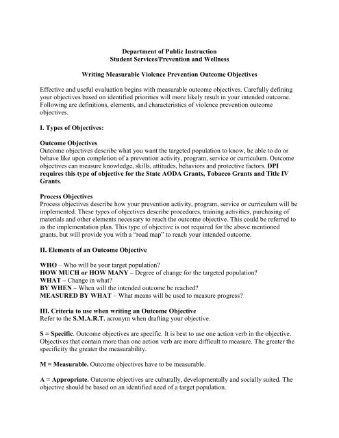 Violence Prevention Outcome Objectives - Student Services ...