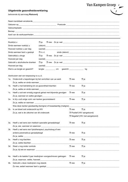 Uitgebreide gezondheidsverklaring - VKG