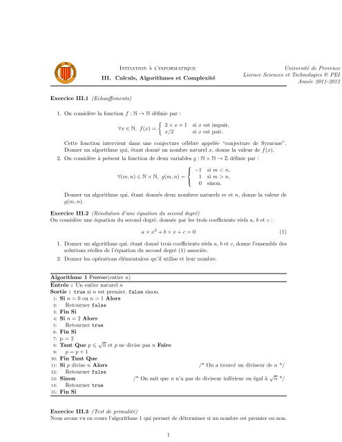 algorithme pgcd de deux nombres PDF Cours,Exercices ,Examens
