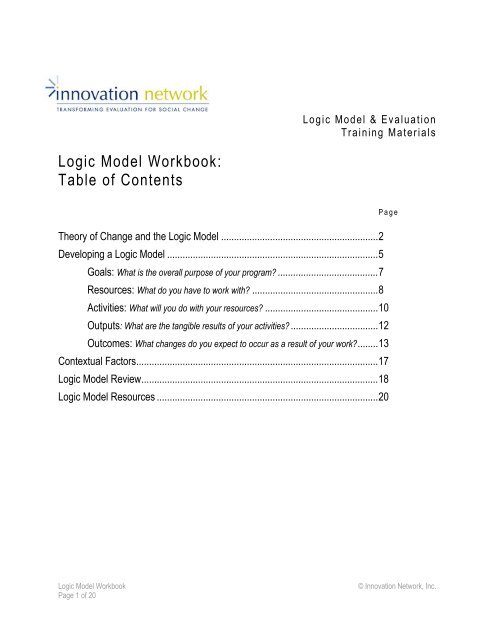 Logic Model Workbook: Table of Contents - Nebhands