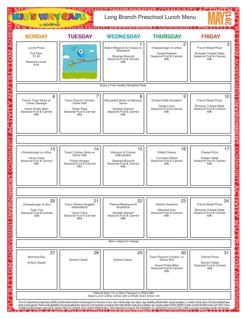 Long Branch Preschool Lunch Menu - Long Branch Public Schools
