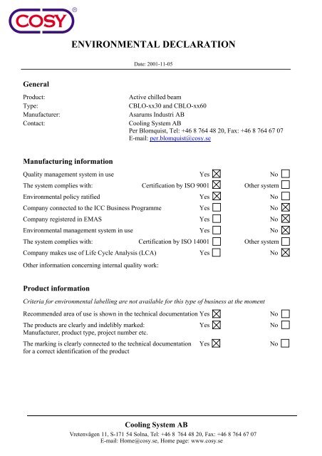 ENVIRONMENTAL DECLARATION - Cosy Climate Products