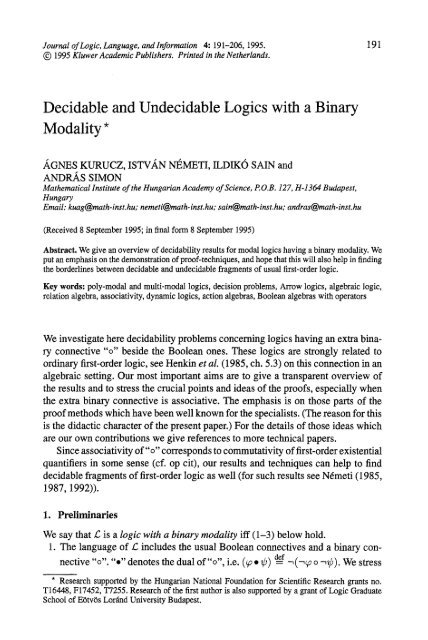 Decidable And Undecidable Modal Logics With A Binary Modality