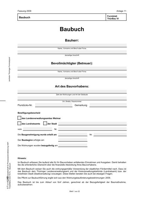 Baubuch (Formblatt ThÃ¼rBau VI) - Zentraler ThÃ¼ringer Formularservice
