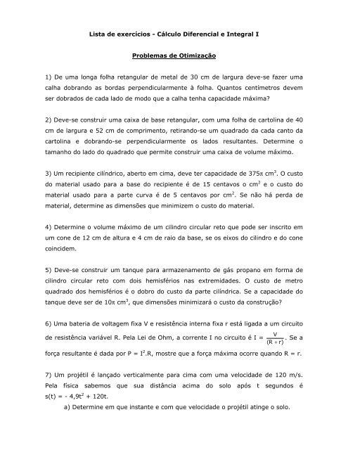 Lista de exercÃ­cios - CÃ¡lculo Diferencial e Integral I Problemas de ...