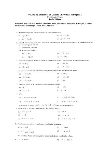 9ª Lista de Exercícios de Cálculo Diferencial e Integral II