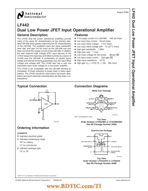 LF442 Dual Low Power JFET Input Operational Amplifier